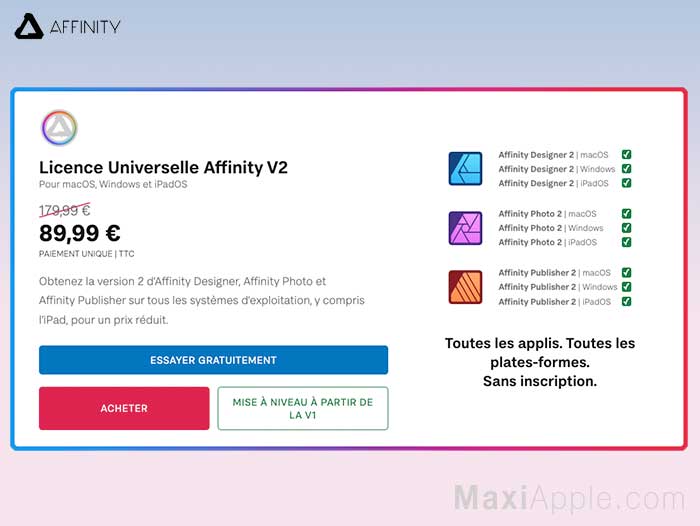 Affinity Designer, Photo, Publisher Mac, PC, iPad Gratuits 6 Mois - MaxiApple