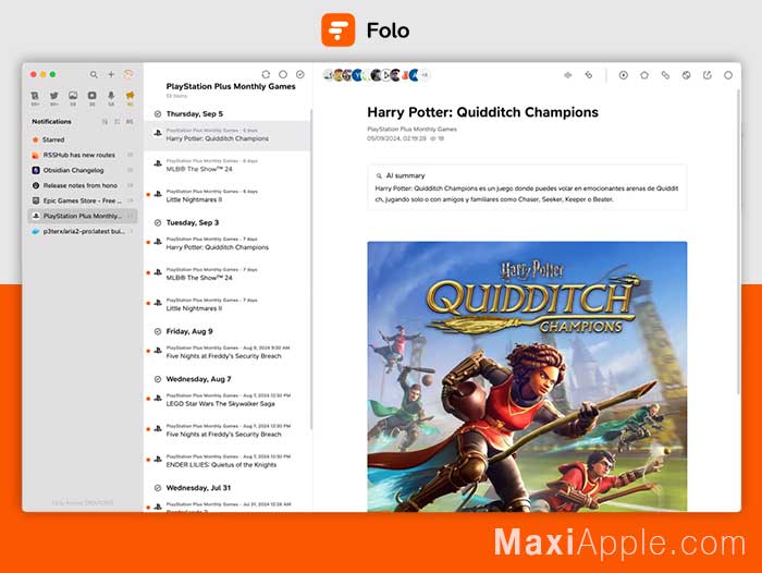 Folo Mac iOS Android PC - Lecteur IA de Flux RSS (gratuit) - MaxiApple